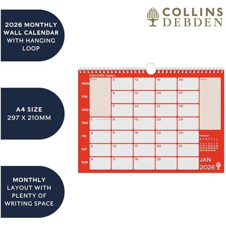 Collins – Colplan – A4 Monthly Wall Diary Calendar 2026 (CMCA4-26 ...